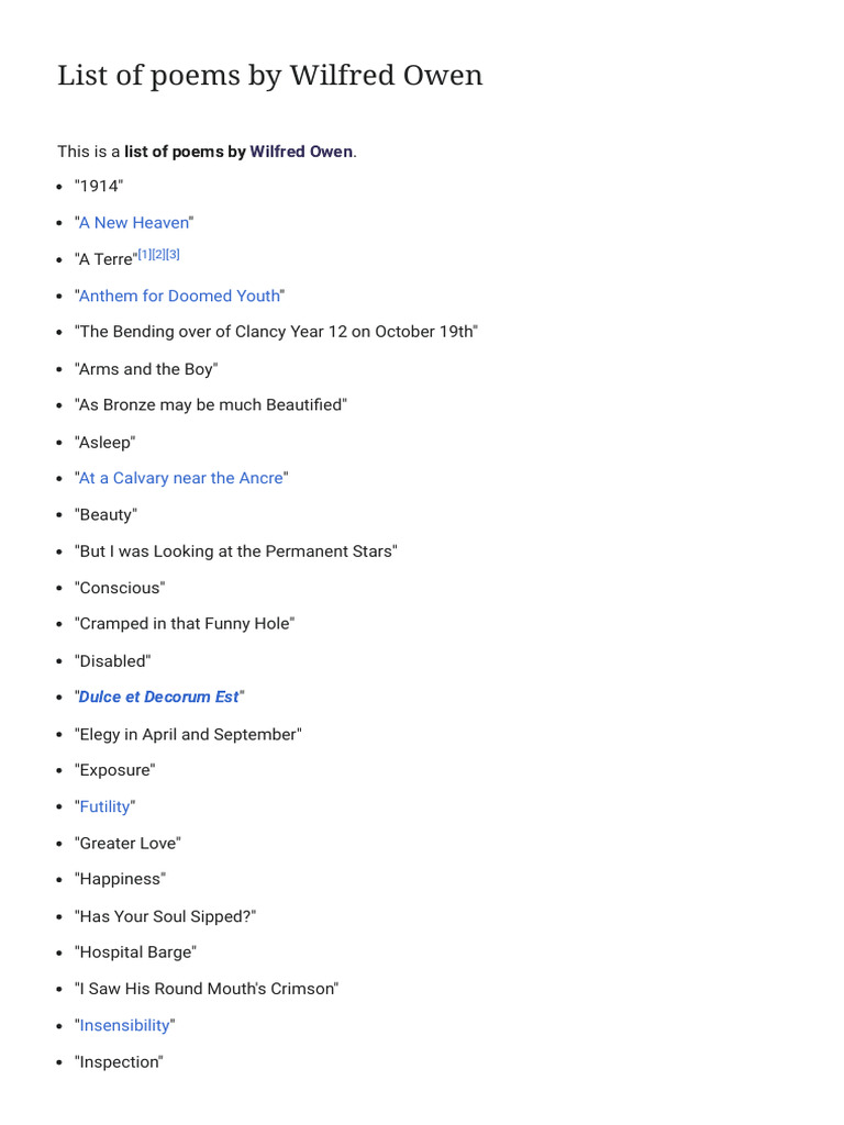 List of Poems by Wilfred Owen - Wikipedia | PDF