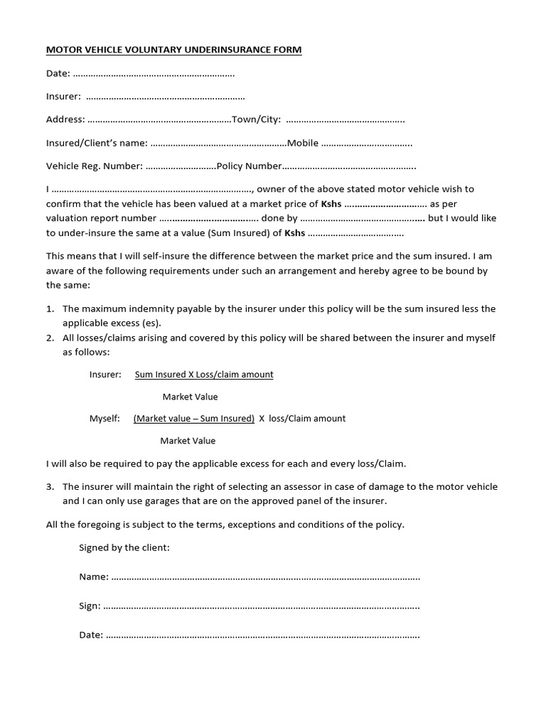 Motor Under Insurance Form | PDF