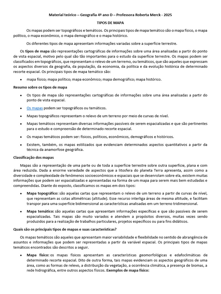 Tipos de Mapas - 4º Ano - 2025 | PDF | Mapa | Geografia