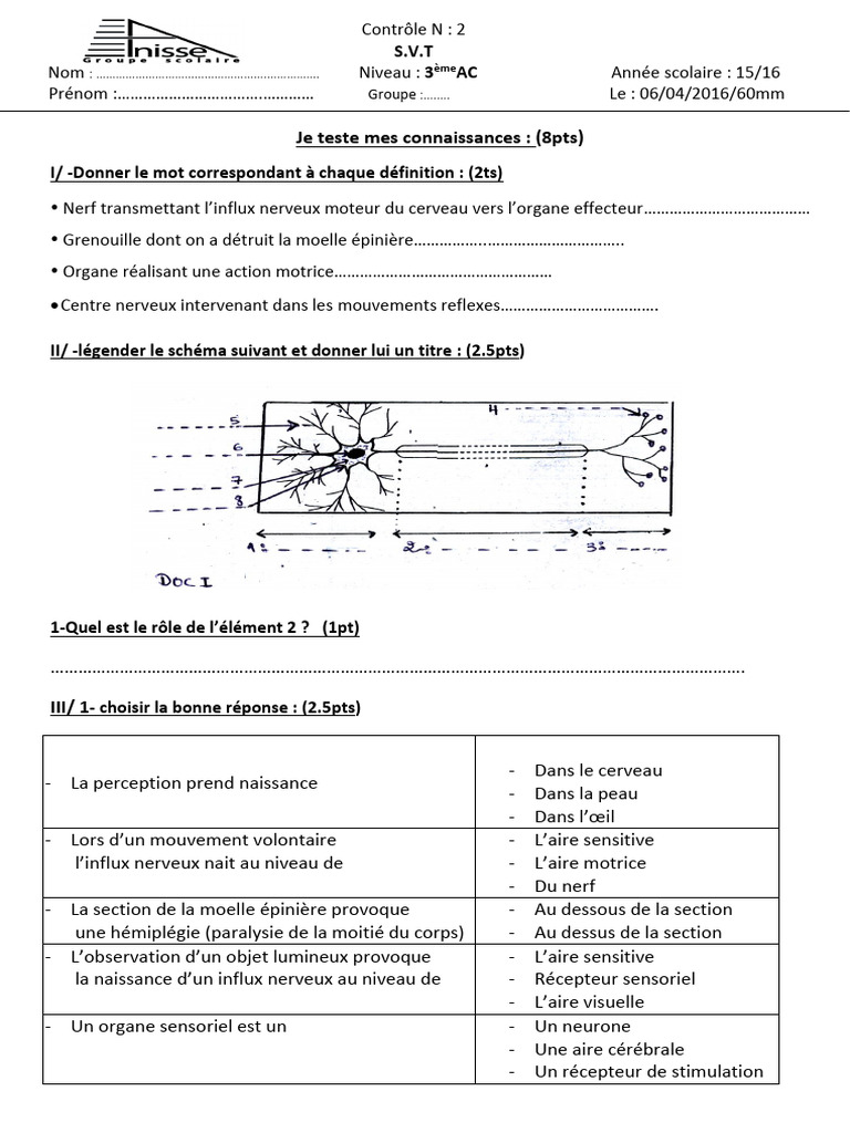 Contrôle N°2 SVT 3AC Semestre 2 | PDF | Nerf | Système nerveux