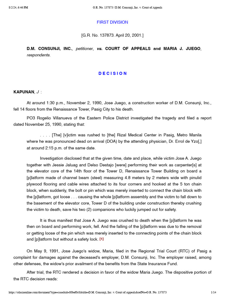 Consunji v. Court of Appeals, G.R. No. 137873 (2001) | PDF | Hearsay ...
