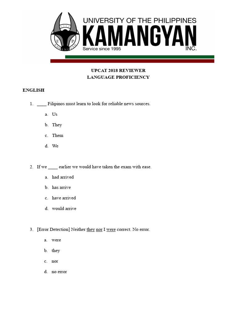 UPCAT 2018 Reviewer: Language & Reading | PDF | Subject (Grammar)