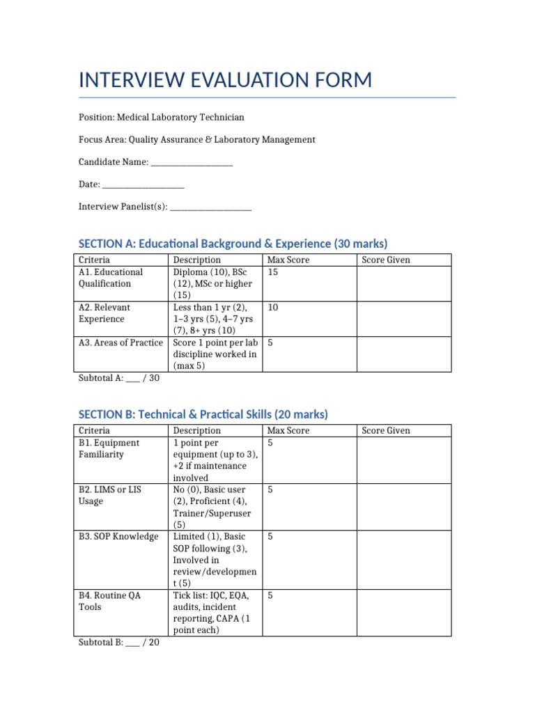 Lab Technician Interview Evaluation Form | PDF