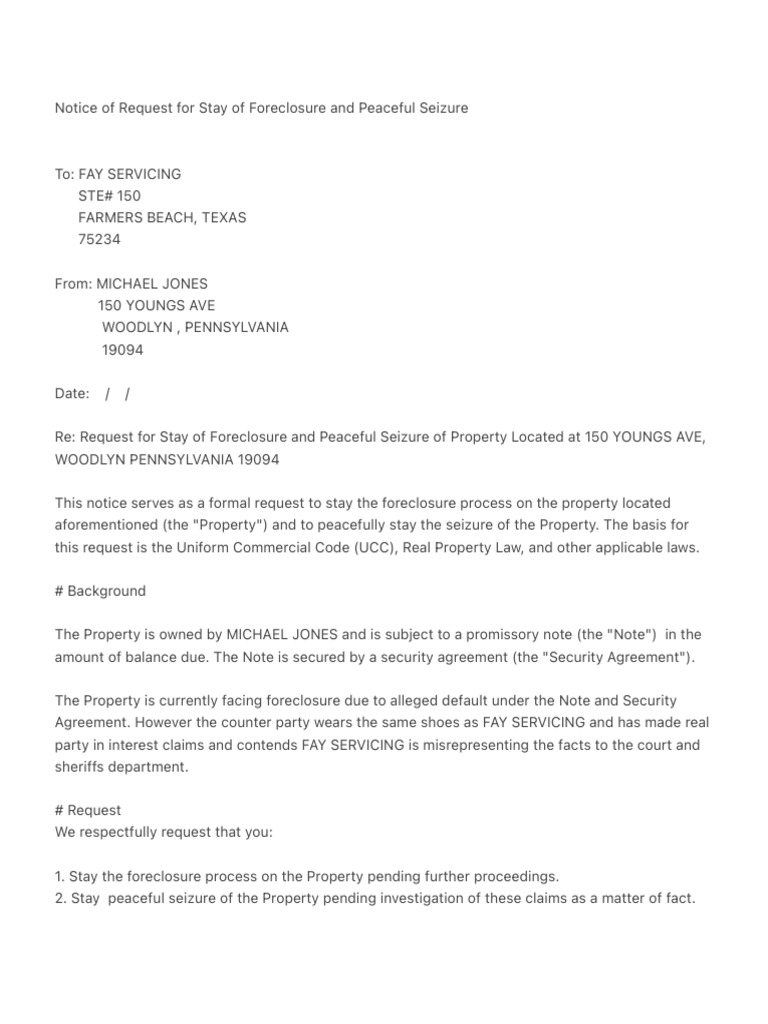 Open Notice of Request For Stay of Foreclosure and Peaceful Seizure | PDF