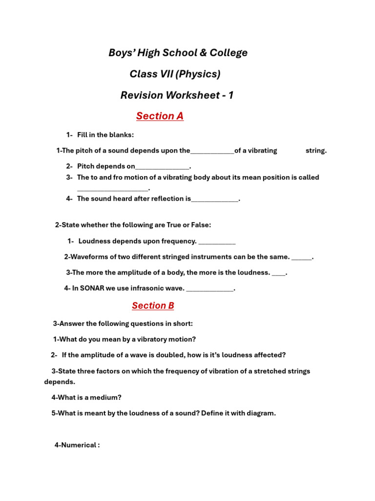 Class VII Physics Sound Revision Worksheet | PDF