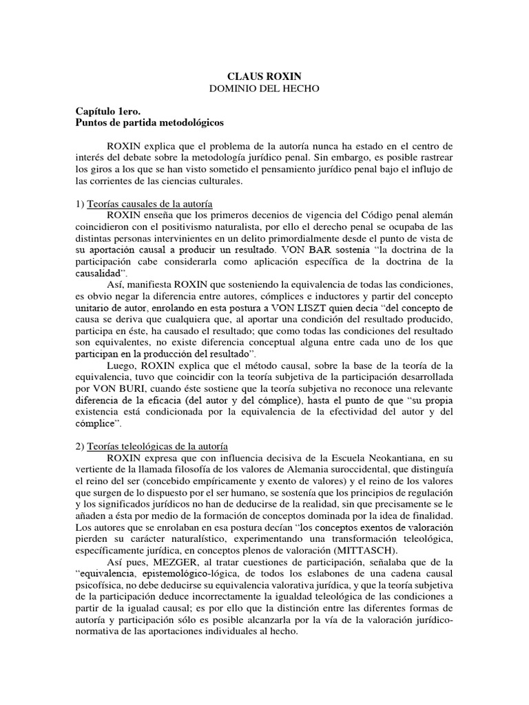 CLAUS ROXIN Dominio Del Hecho | PDF | Intención (Derecho Penal) | Teoría