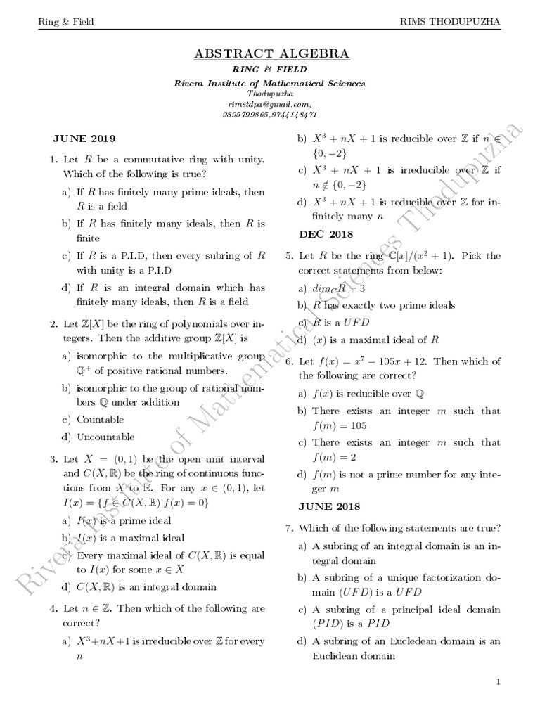 Ring Theory | PDF | Ring (Mathematics) | Field (Mathematics)