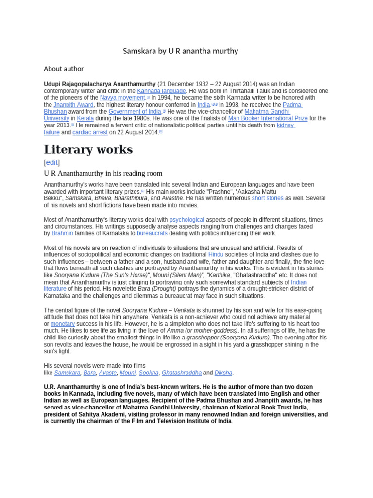 Meg Samskara by U R Anantha Murthy | PDF