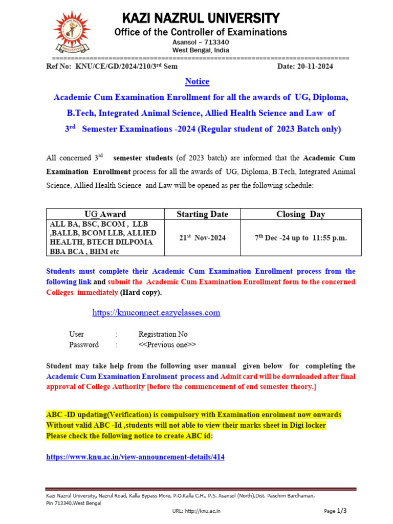 Notice For - Online - Academic Cum Examination Enrollment For All Awards of UG 3rd Semester ...