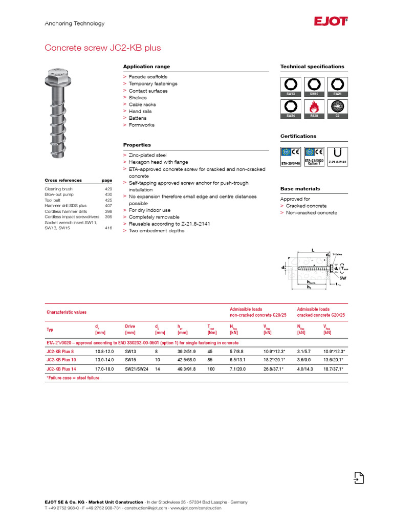 ejot-pds-concrete-screw-jc2-kb-plus-en | PDF | Drill | Screw