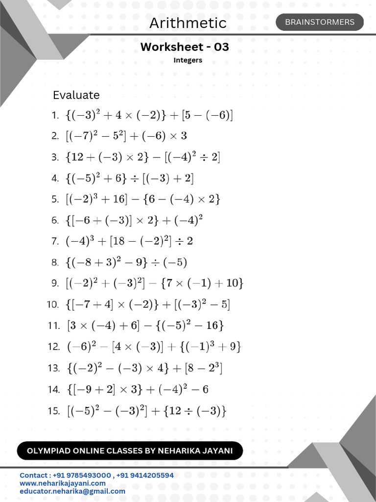 Brainstormers - Worksheet 03 (Integers) | PDF