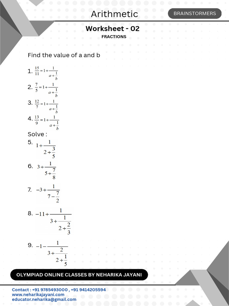 Arithmetic Worksheet on Fractions | PDF