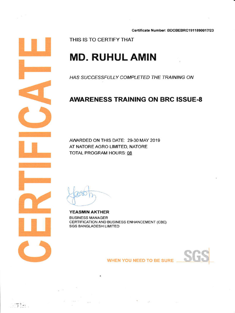 BRC Training Certificate | PDF
