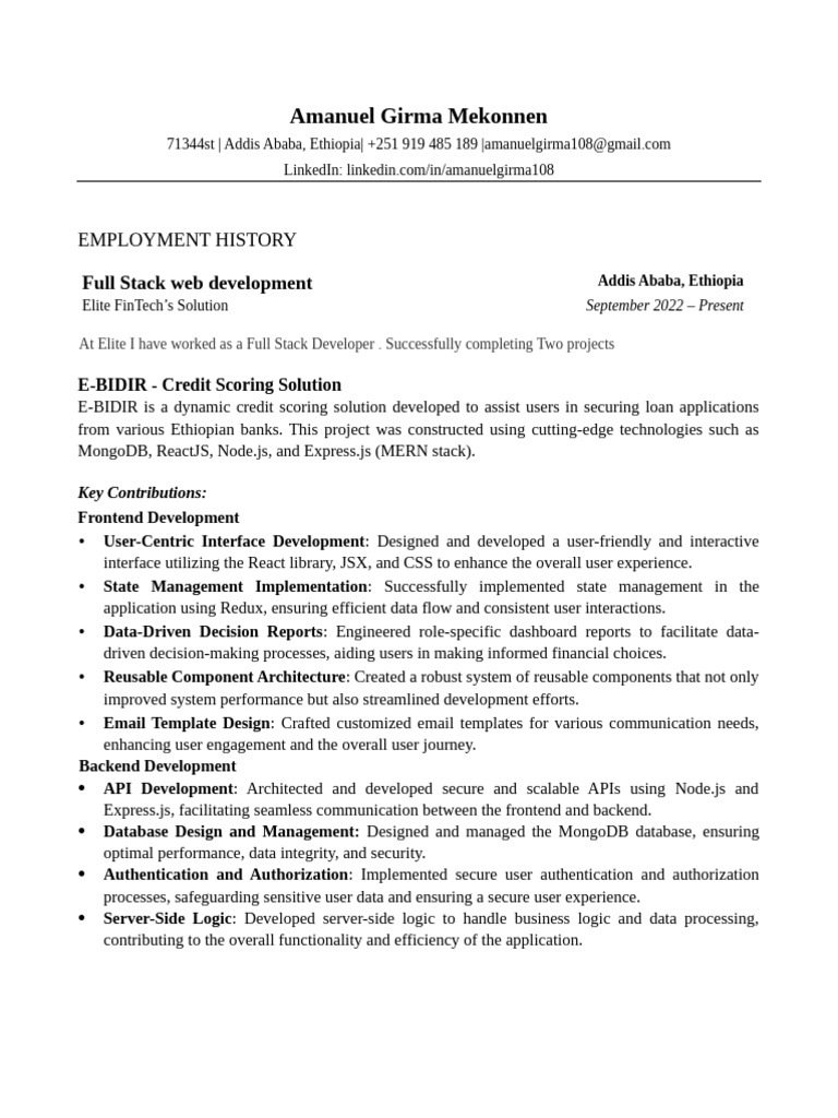 Amanuel Girma Mekonnen: Employment History | PDF | Computing ...