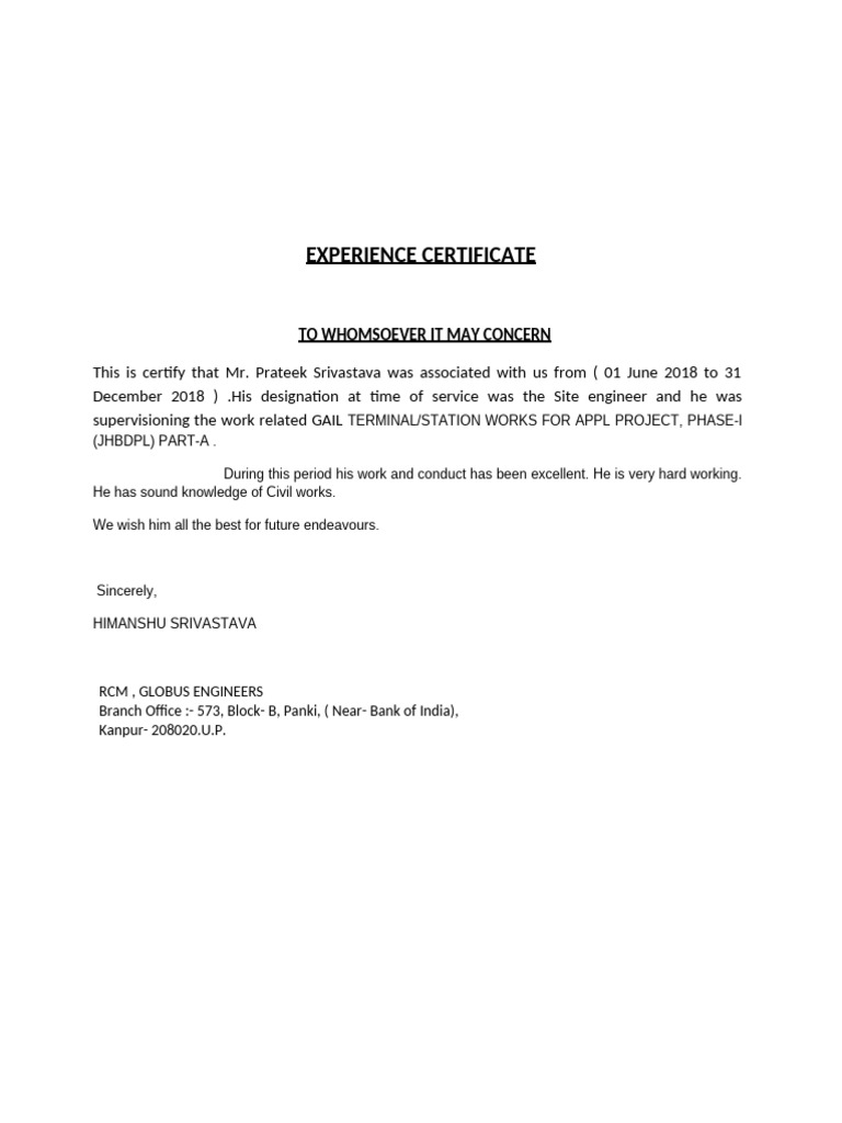 Civil Engineer Experience Certificate | PDF