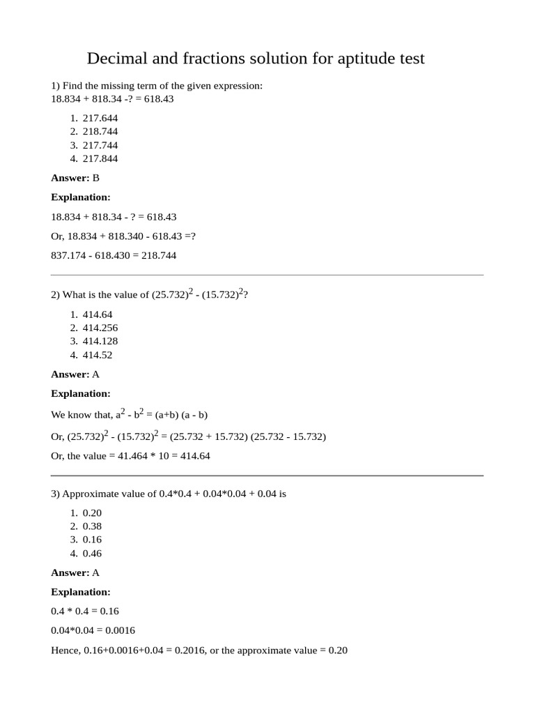 Solution For Aptitude Test Decimal and Fraction | PDF | Decimal | Numbers