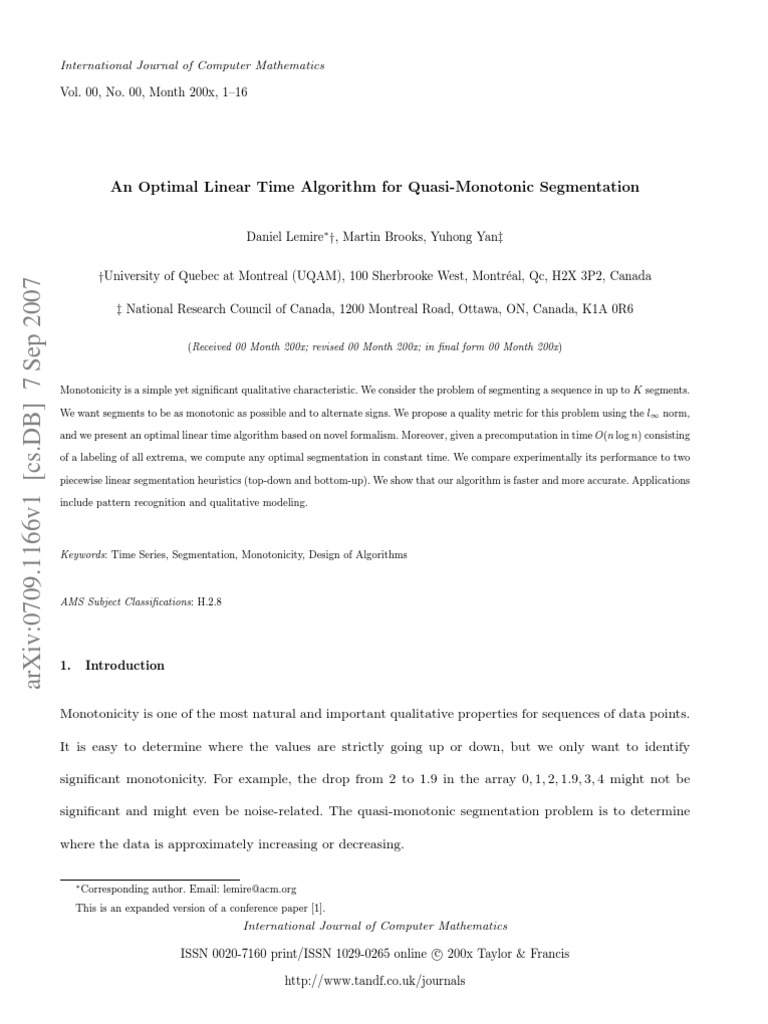 An Optimal Linear Time Algorithm For Quasi-Monotonic Segmentation | PDF ...
