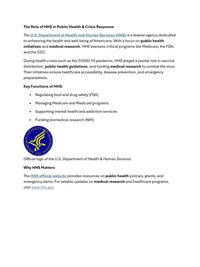 HHS Role in Public Health Response | PDF