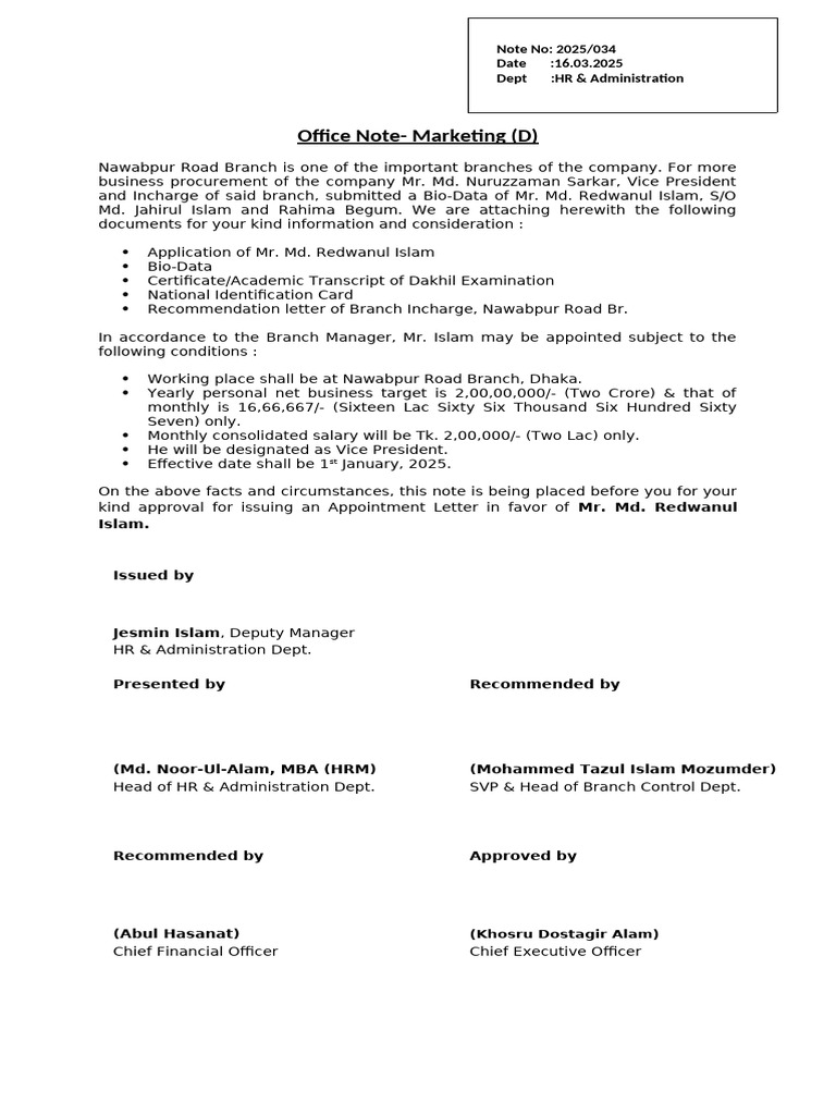 Appointment Proposal for Md. Redwanul Islam | PDF