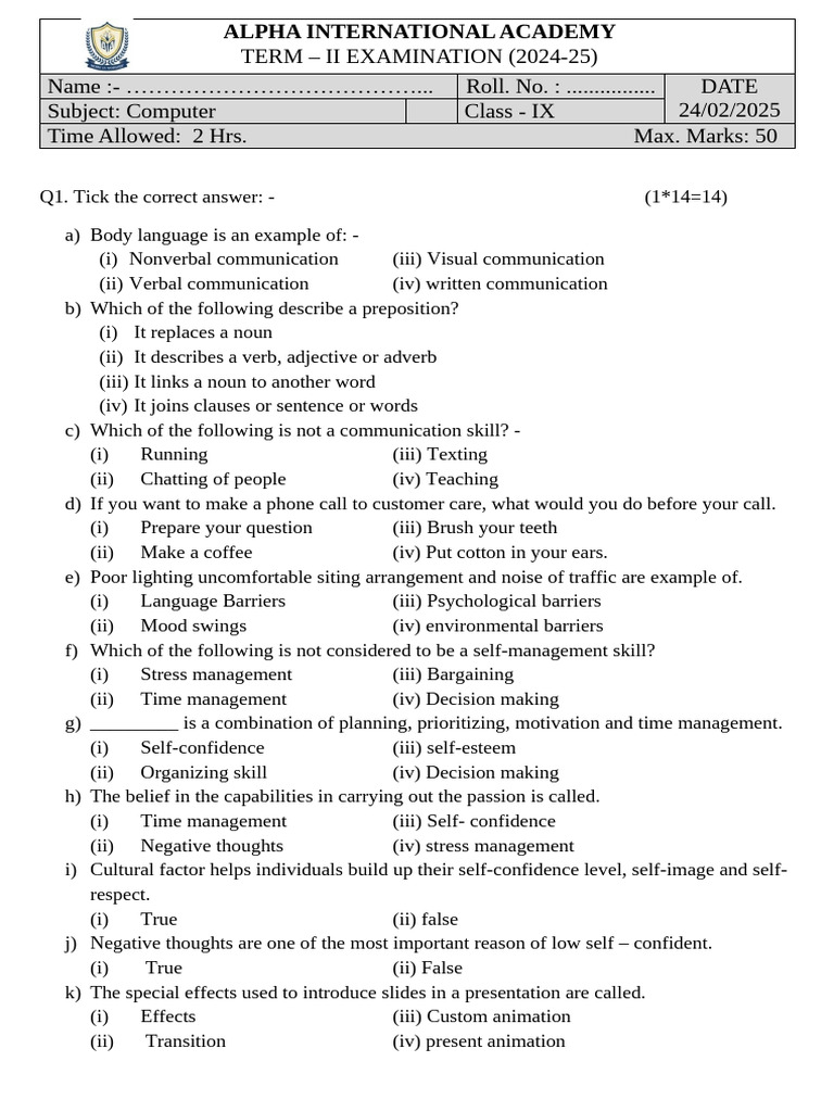Class IX Computer Exam Paper 2024-25 | PDF | Verb | Adverb