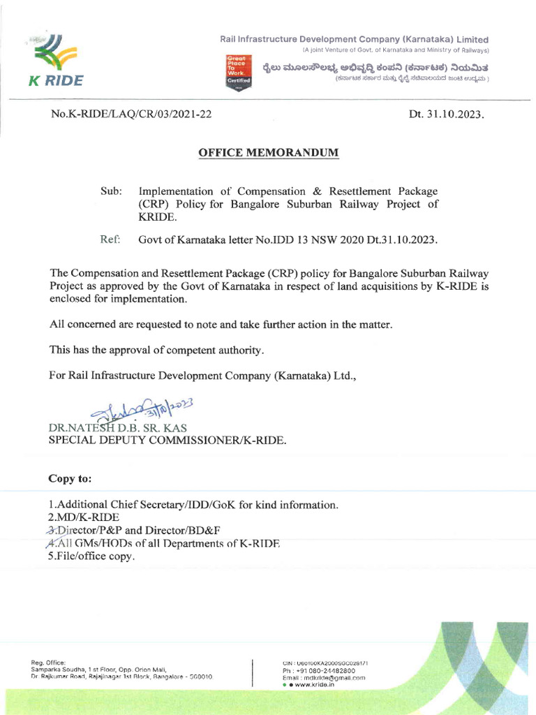 Bangalore Suburban Railway CRP Policy | PDF | Investing | Money
