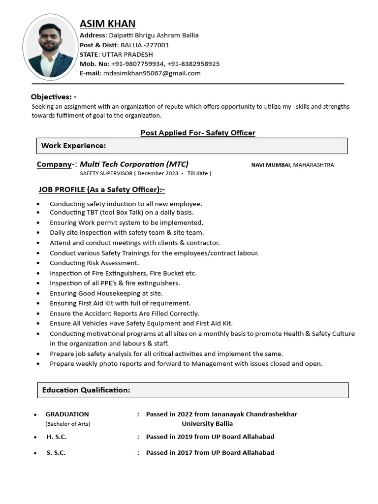 ASIM KHAN (SAFETY OFFICER) CV | PDF | Business