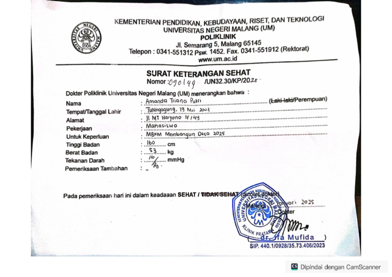 Surat Keterangan Sehat Amanda | PDF