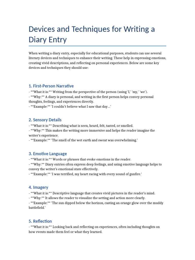 Diary Entry Devices and Techniques For Year 8 | PDF | Feeling | Thought