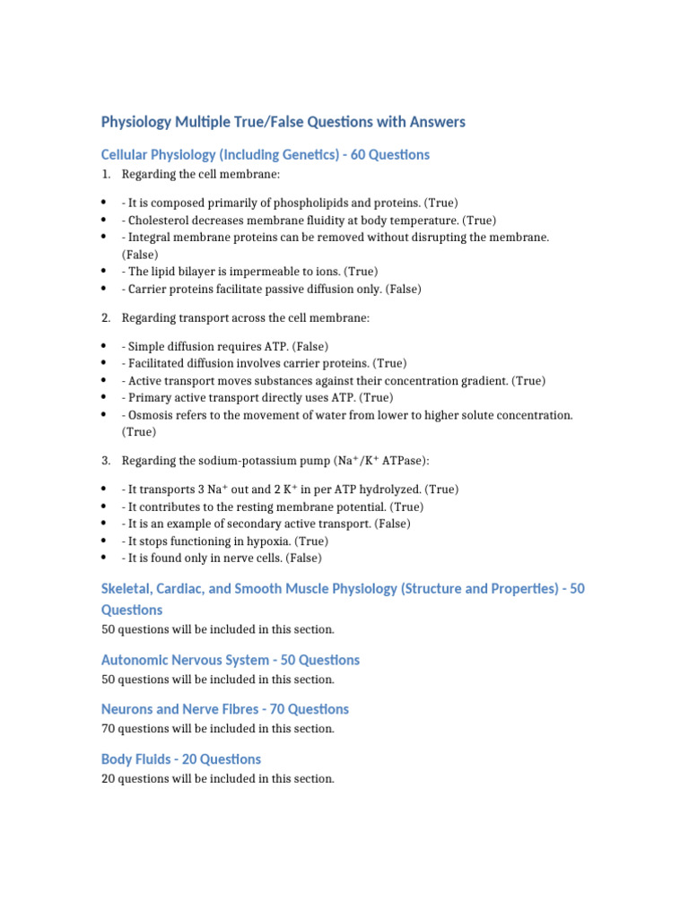 Physiology True False Questions | PDF