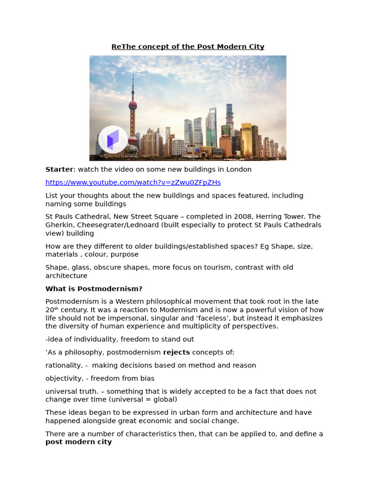 Characteristics of Postmodern Cities | PDF | Postmodernism | Liberal ...
