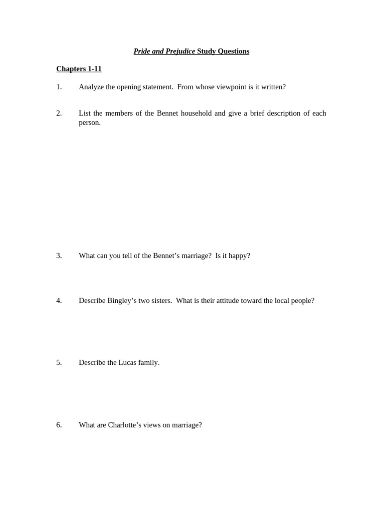 Pride and Prejudice Study Questions | PDF | Pride And Prejudice | Mr. Darcy