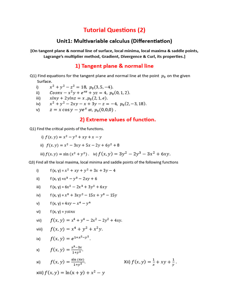 Assignment Questions of M2 On Lagranges Multiplier Method, Gradient Divergencee, Curl and Its ...