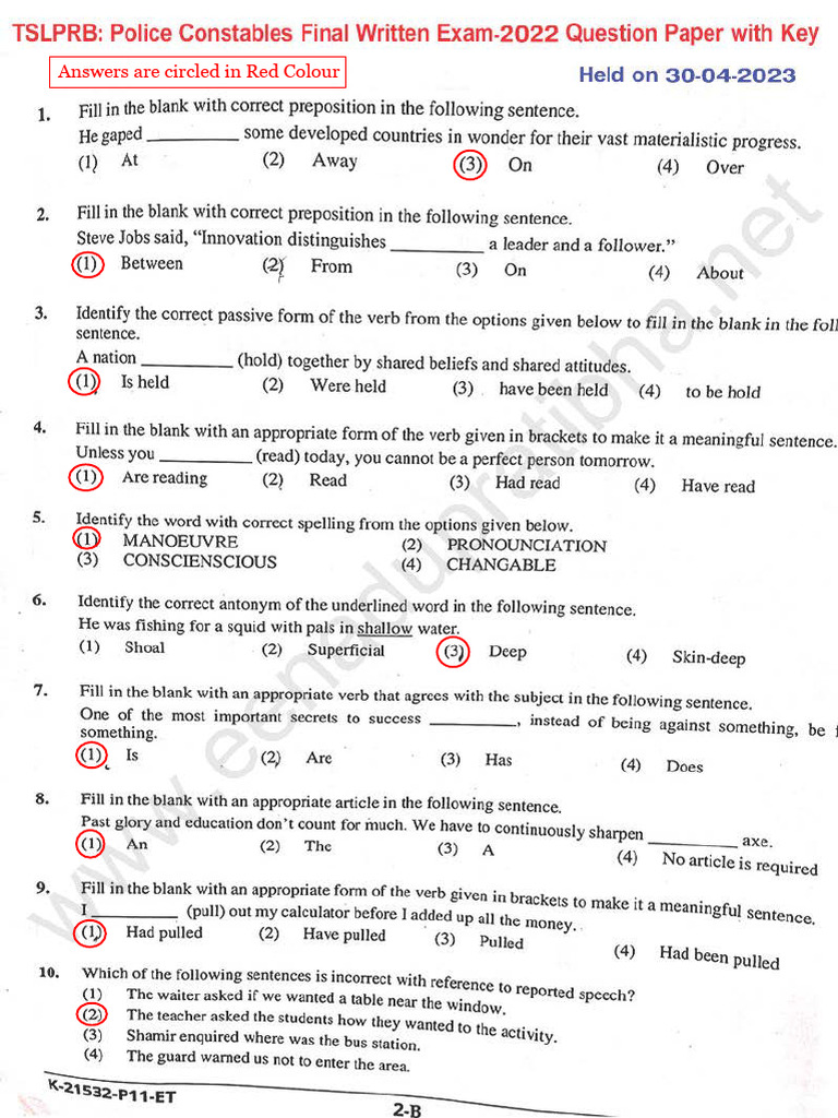TS Police Constables Exam QuestionPaper With Key 2022 B 30042023 728 | PDF