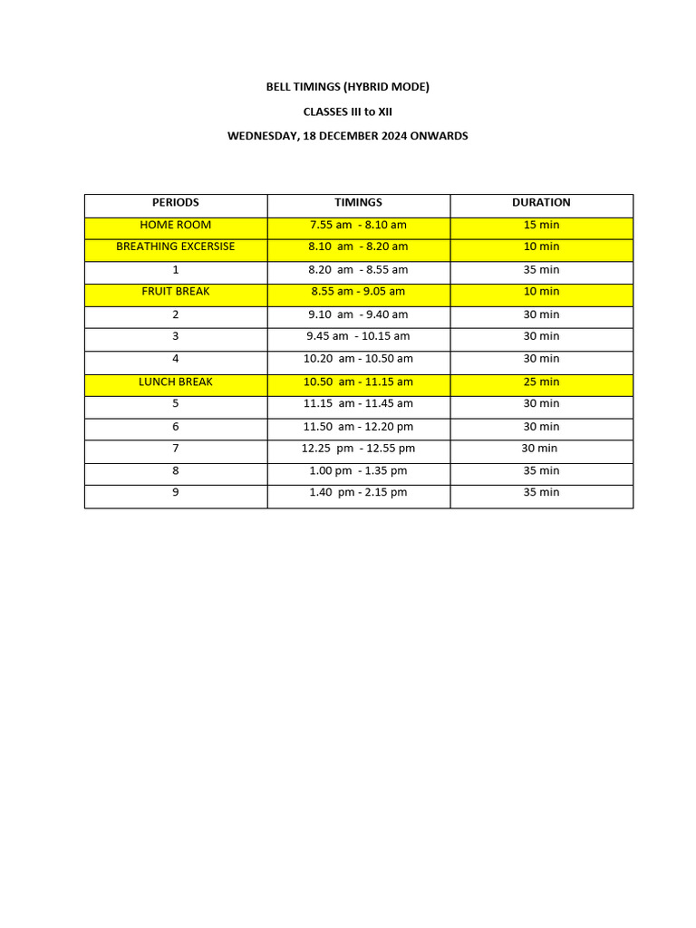 Hybrid Class Bell Timings for 2024 | PDF