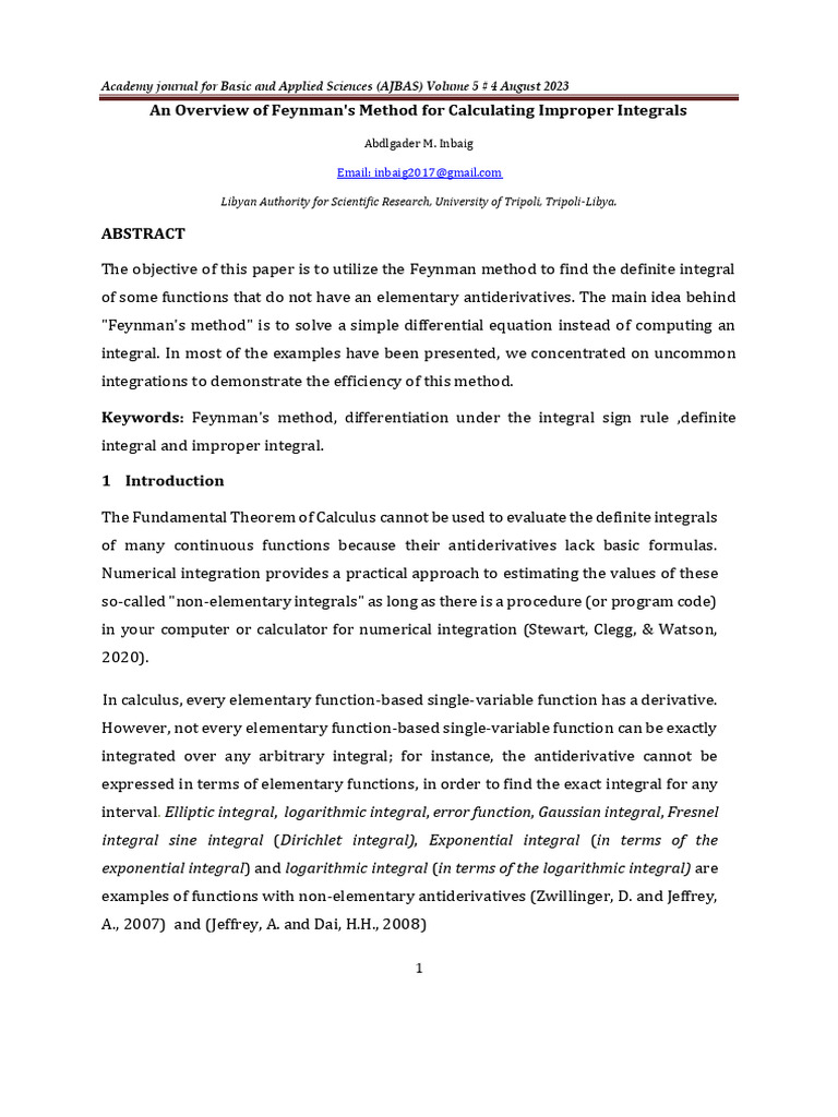 An Overview of Feynman's Method For Calculating Improper Integrals (10 08 2023) | PDF | Integral ...