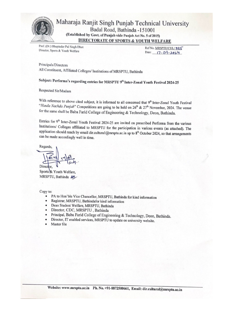 Regarding Entry Performa - 9th Inter-Zonal Youth Festival 2024 | PDF ...
