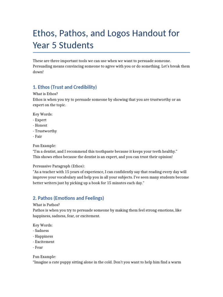 Ethos Pathos Logos Handout Year 5 | PDF | Logos | Credibility