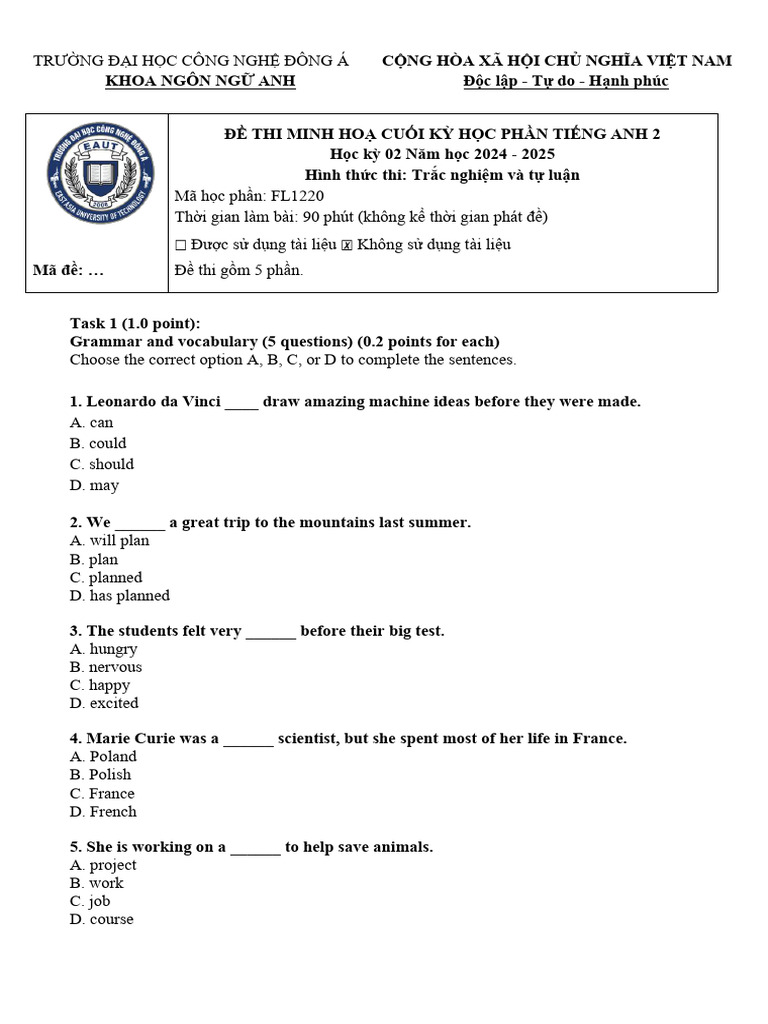 TA2. Đề Minh Hoạ - Cuối Kỳ - Edited | PDF | Vincent Van Gogh