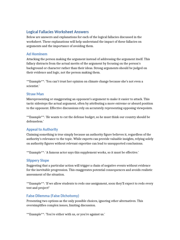Logical_Fallacies_Worksheet_Answers | PDF | Fallacy | Argument