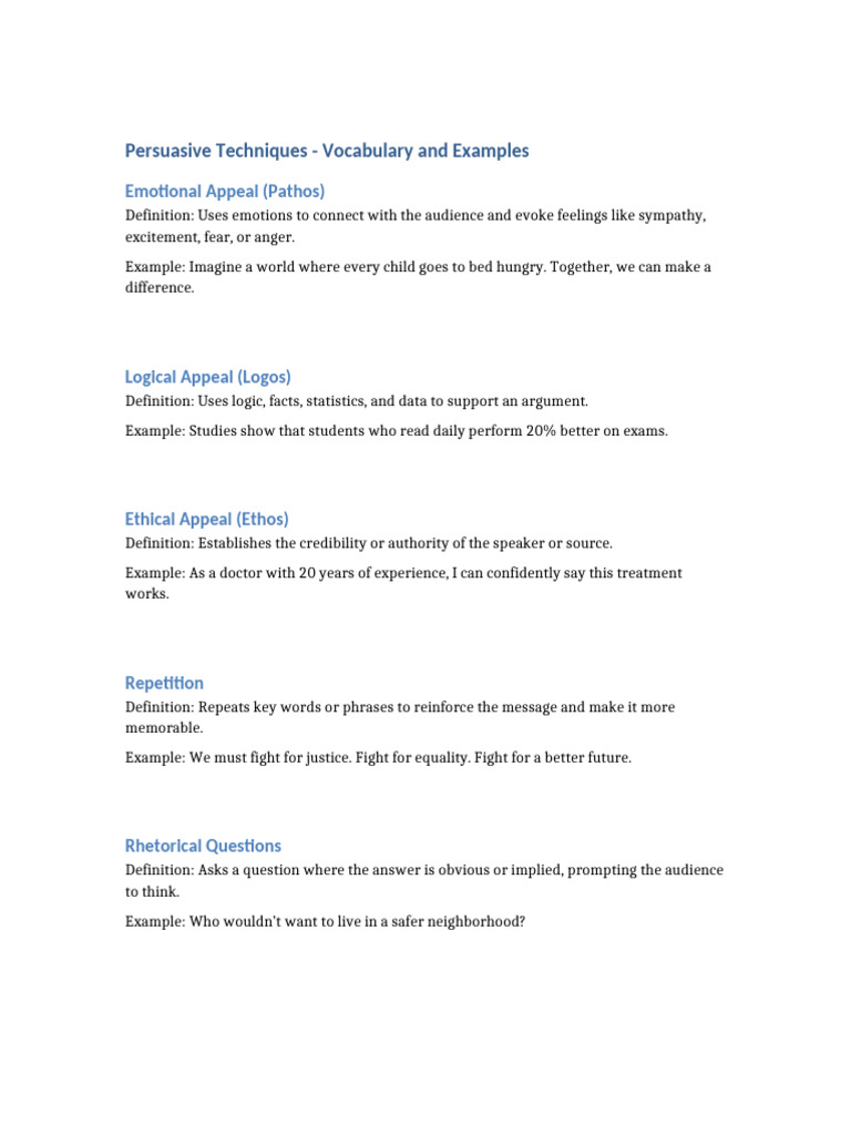 Persuasive Techniques Vocabulary Definitions With Worksheet | PDF ...