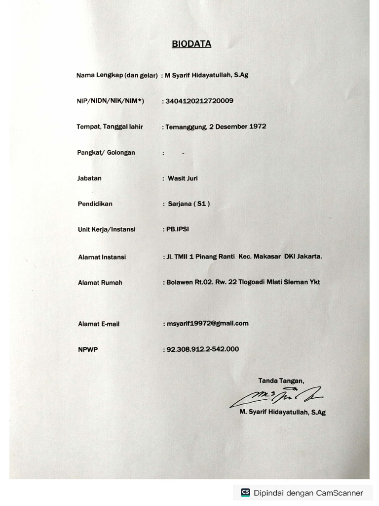 Biodata M Syarif Hidayatullah, O2sn SD 2024 | PDF