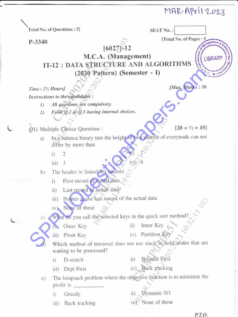 Postgraduate PG - Master Computer Applications Mca - Semester 1 - 2023 - May - Data Structures ...