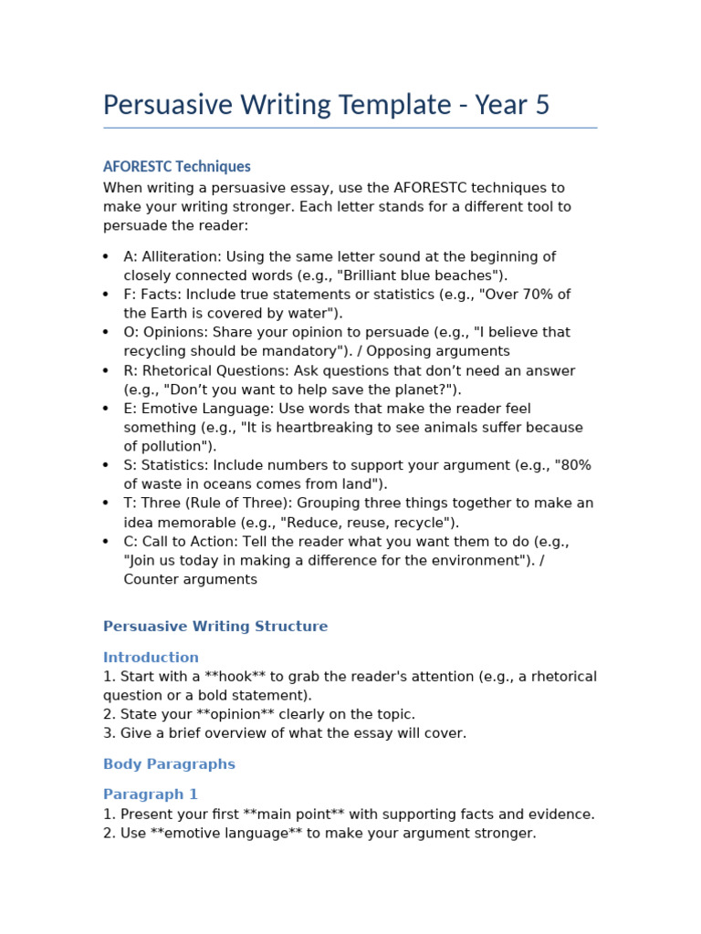 Year 5 Persuasive Writing Guide | PDF