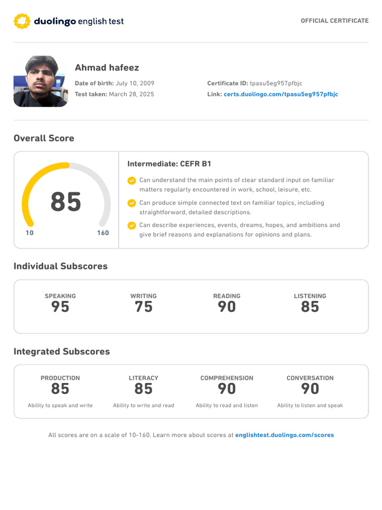 Duolingo English Test Certificate B1 | PDF