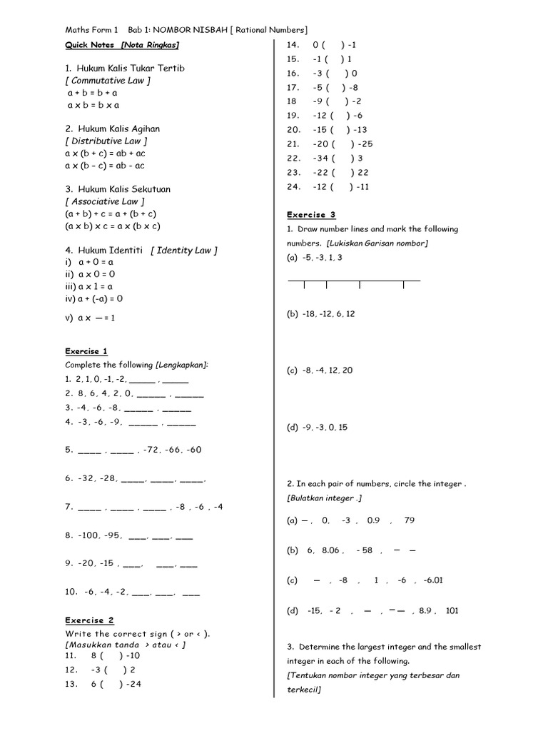 Maths Form 1 (KSSM) Chapter 1 Rational Numbers Ex 1 To Ex 4 | PDF ...