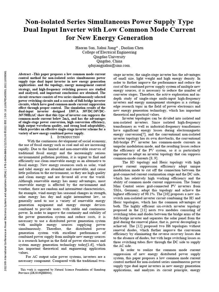Non Isolated Series Simultaneous Power Supply Type Dual Input Inverter With Low Common Mode