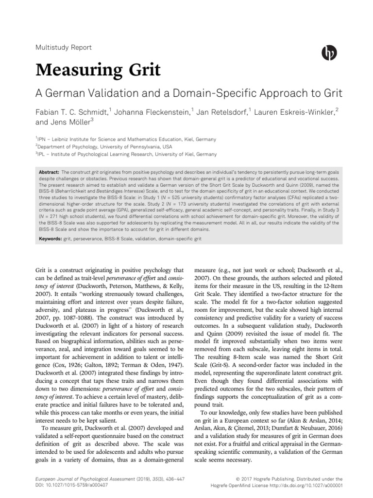 German Validation of the BISS-8 Grit Scale | PDF | Grit (Personality ...