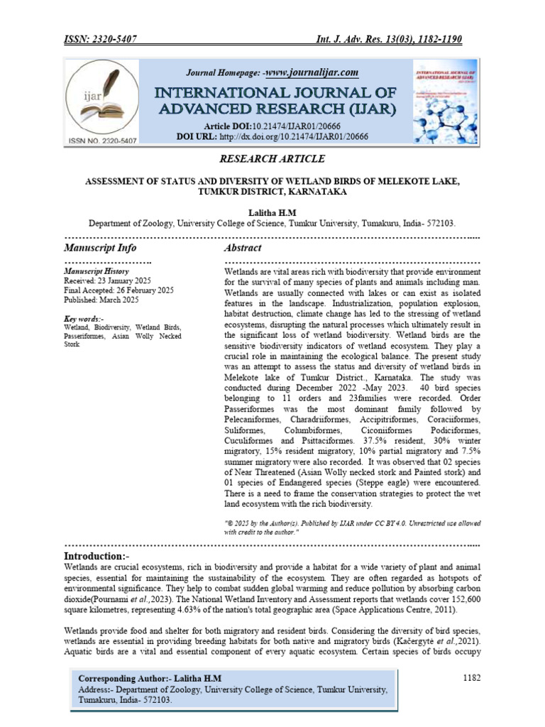 Assessment of Status and Diversity of Wetland Birds of Melekote Lake ...