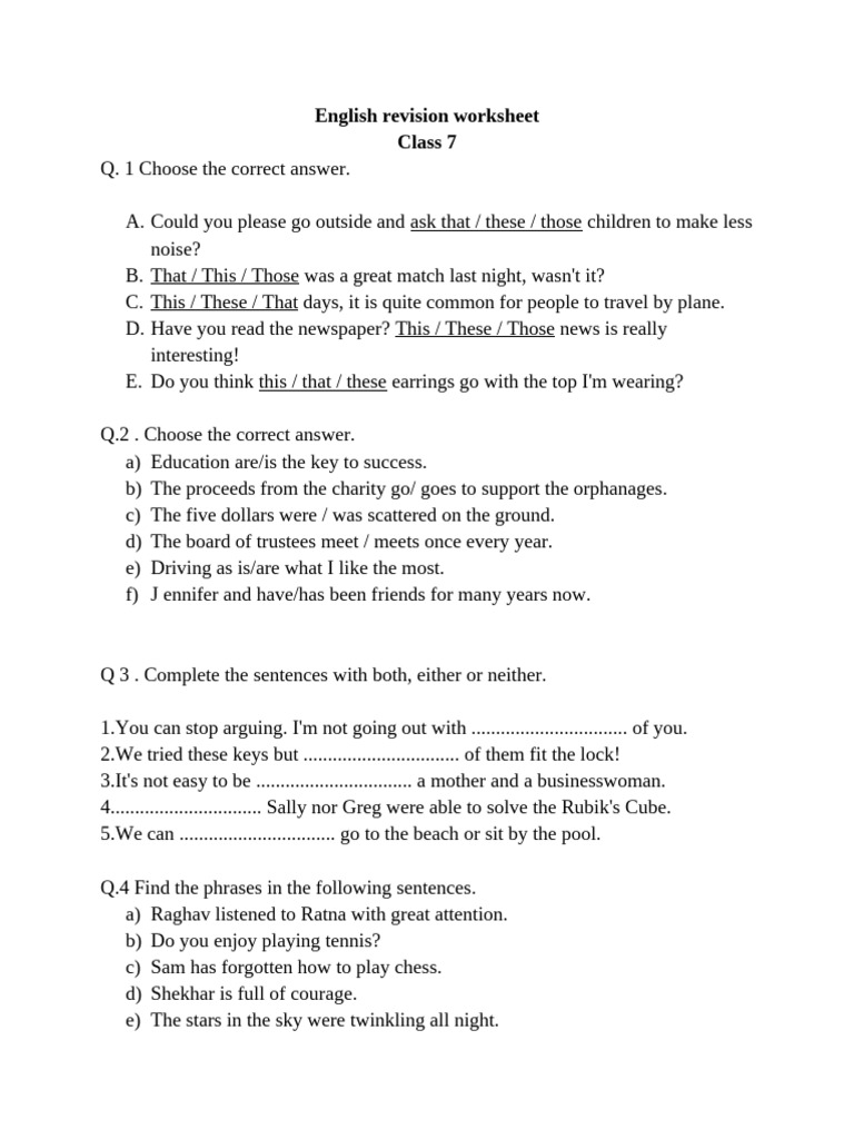 English Revision Worksheet Class 7 Grammar | PDF | Sentence ...