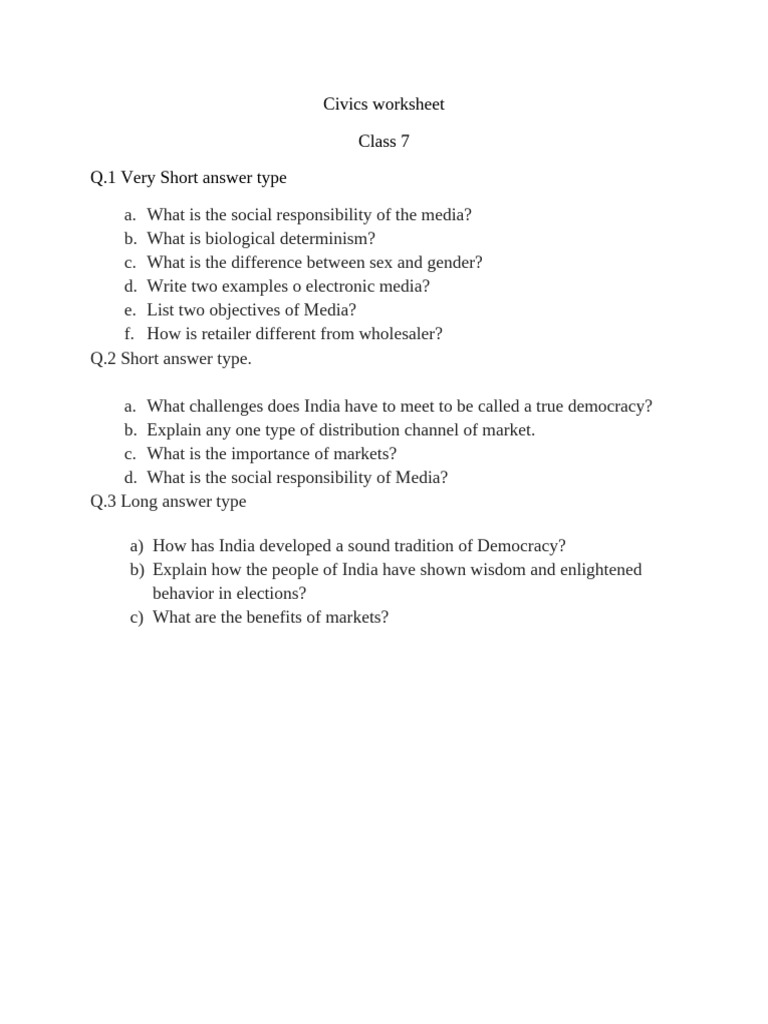 Civics Worksheet Class 7 25 | PDF